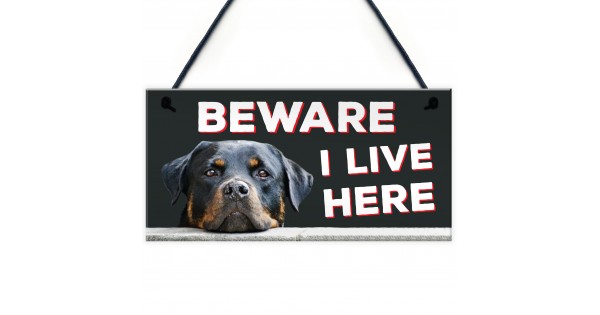 Beware I Live Here Rottweiler Hanging Plaque