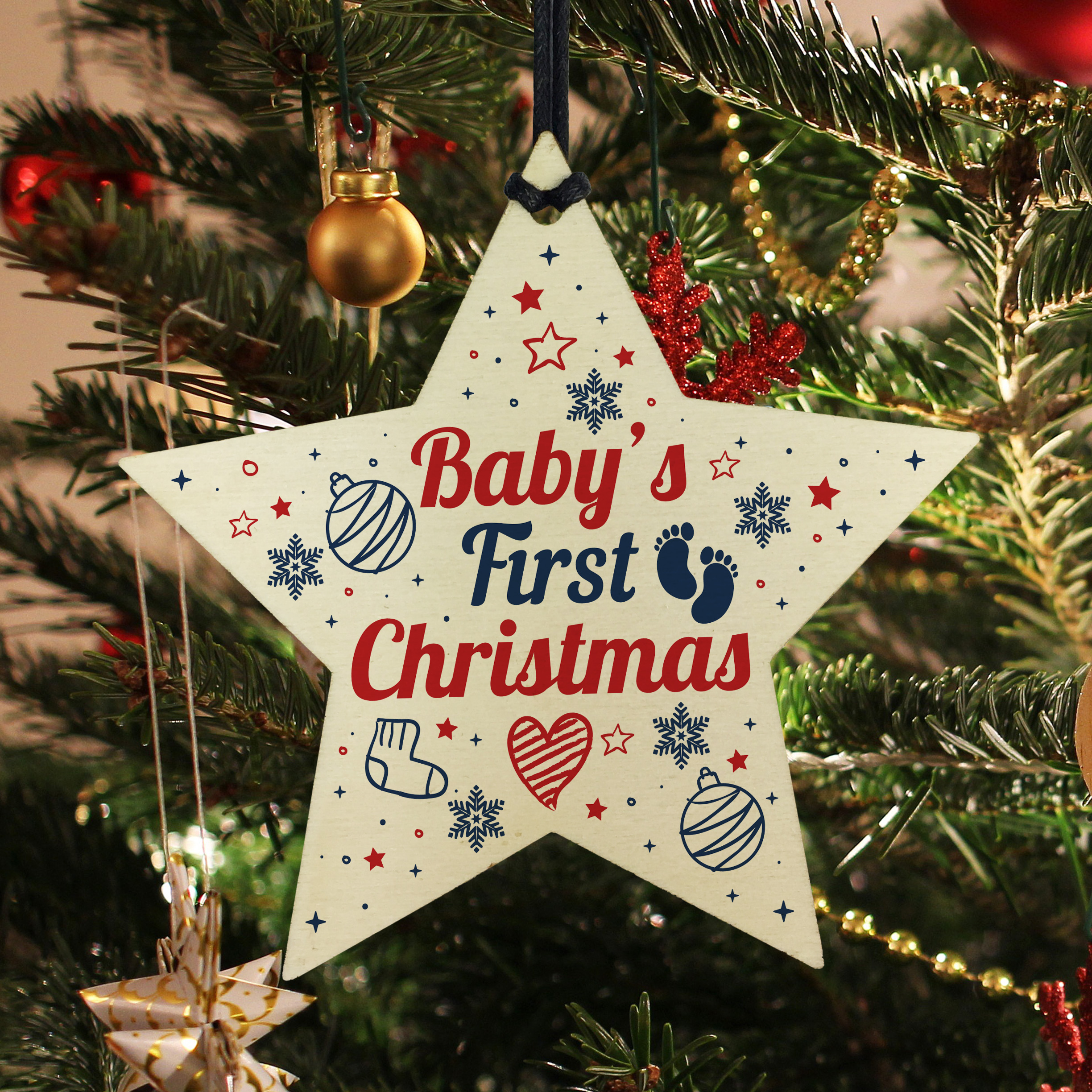 Babys First Christmas Gift Wooden Star Tree Bauble 1st Xmas Gift