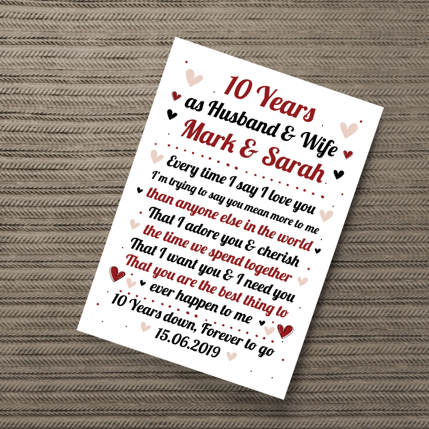 10th Wedding Anniversary Gift For Husband Or Wife Print Keepsake 10th Wedding Anniversary Gift For Husband Or Wife Print Keepsake